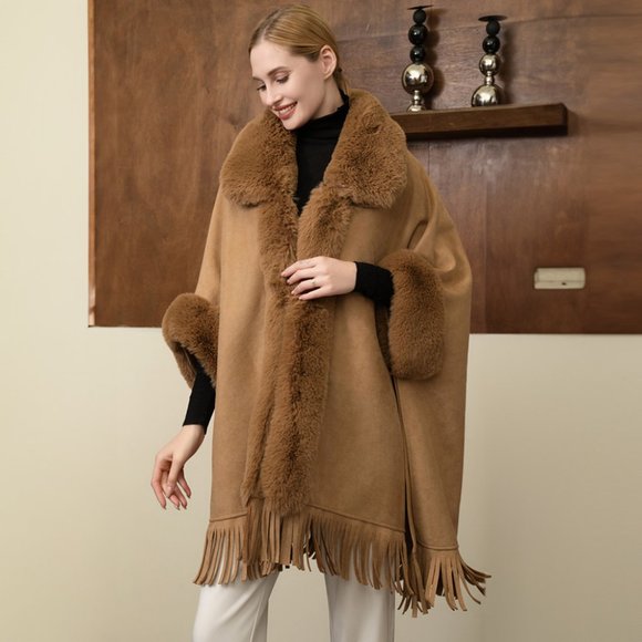 Jackets & Coats | Faux Fur Trimmed Solid Fringe Ruana Poncho | Poshmark